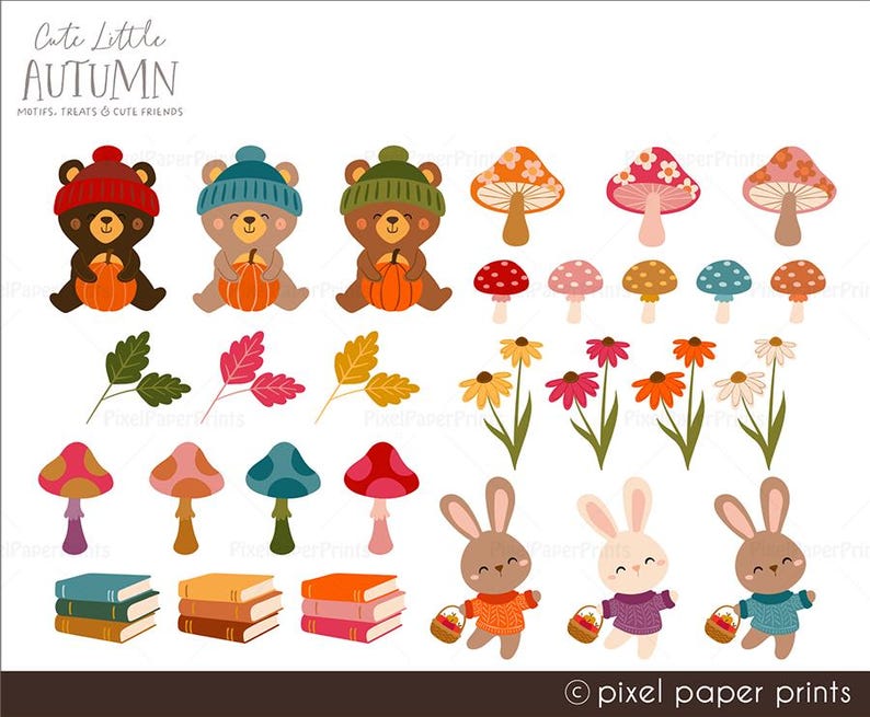 Fall Clip Art - Cute Little Autumn Motifs and Cute Animals - Hygge ...