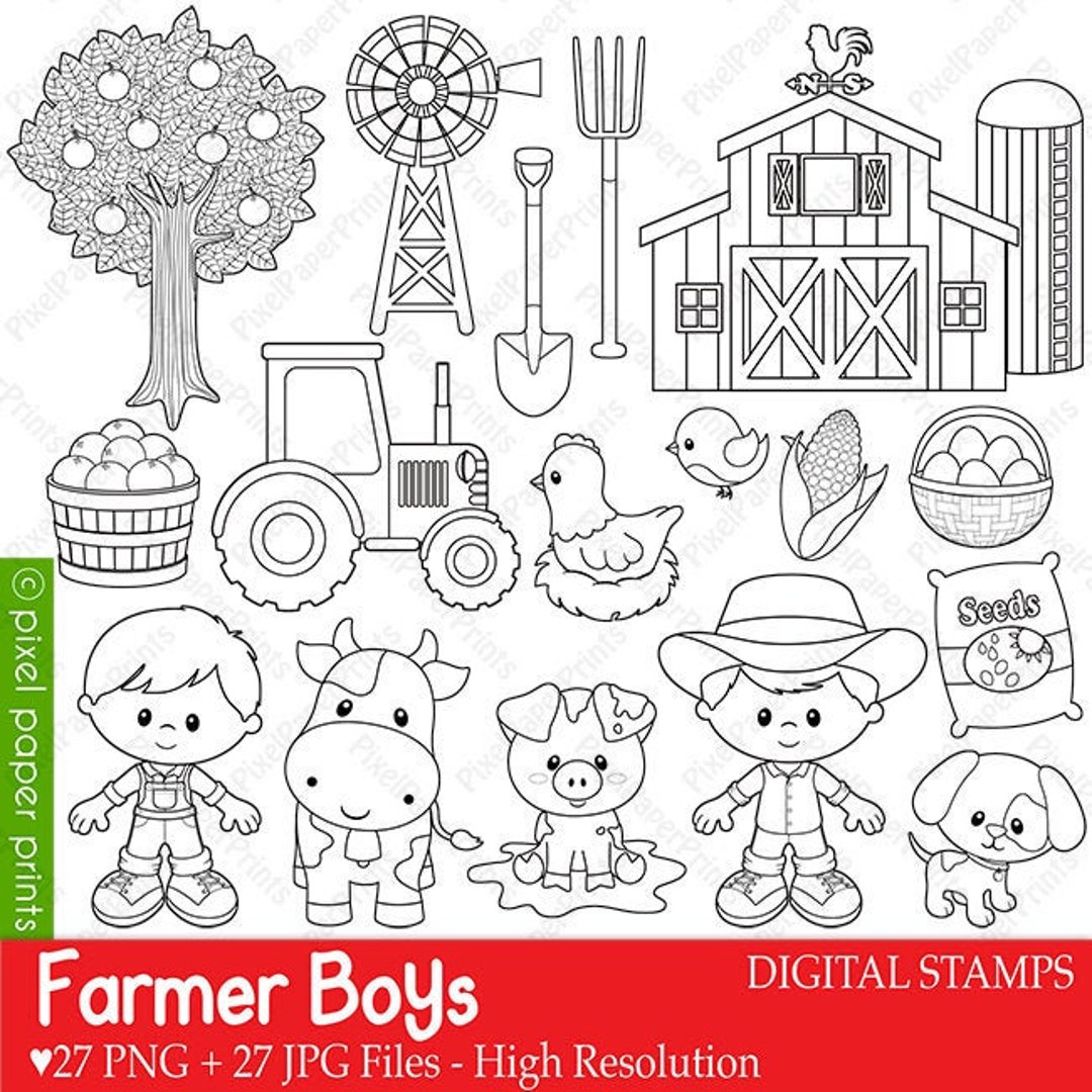 Farmer Boys Digital Stamps - Farmer Kids - Farm Clipart - Digital ...