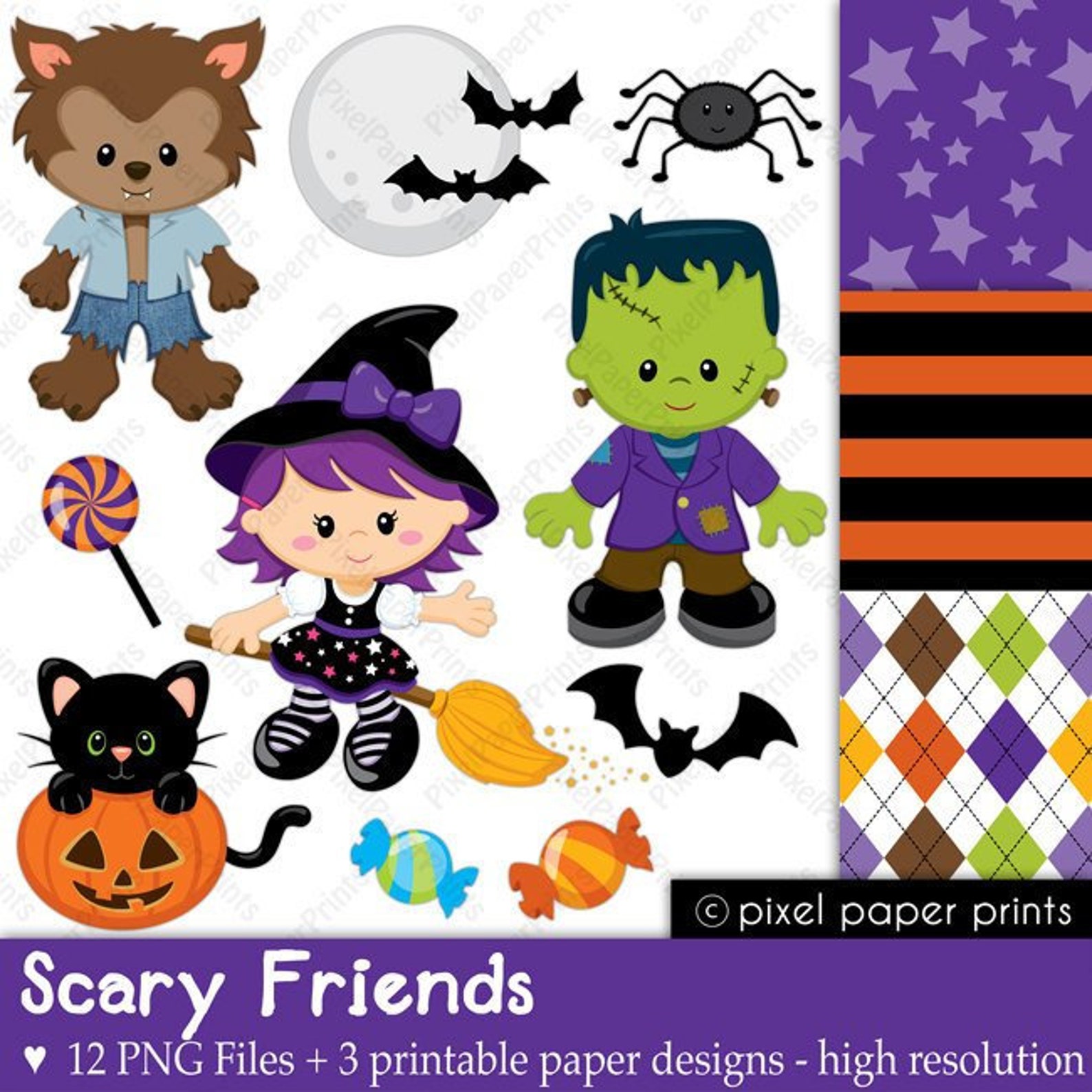 Scary Friends Halloween Clip art and Digital paper set | Etsy