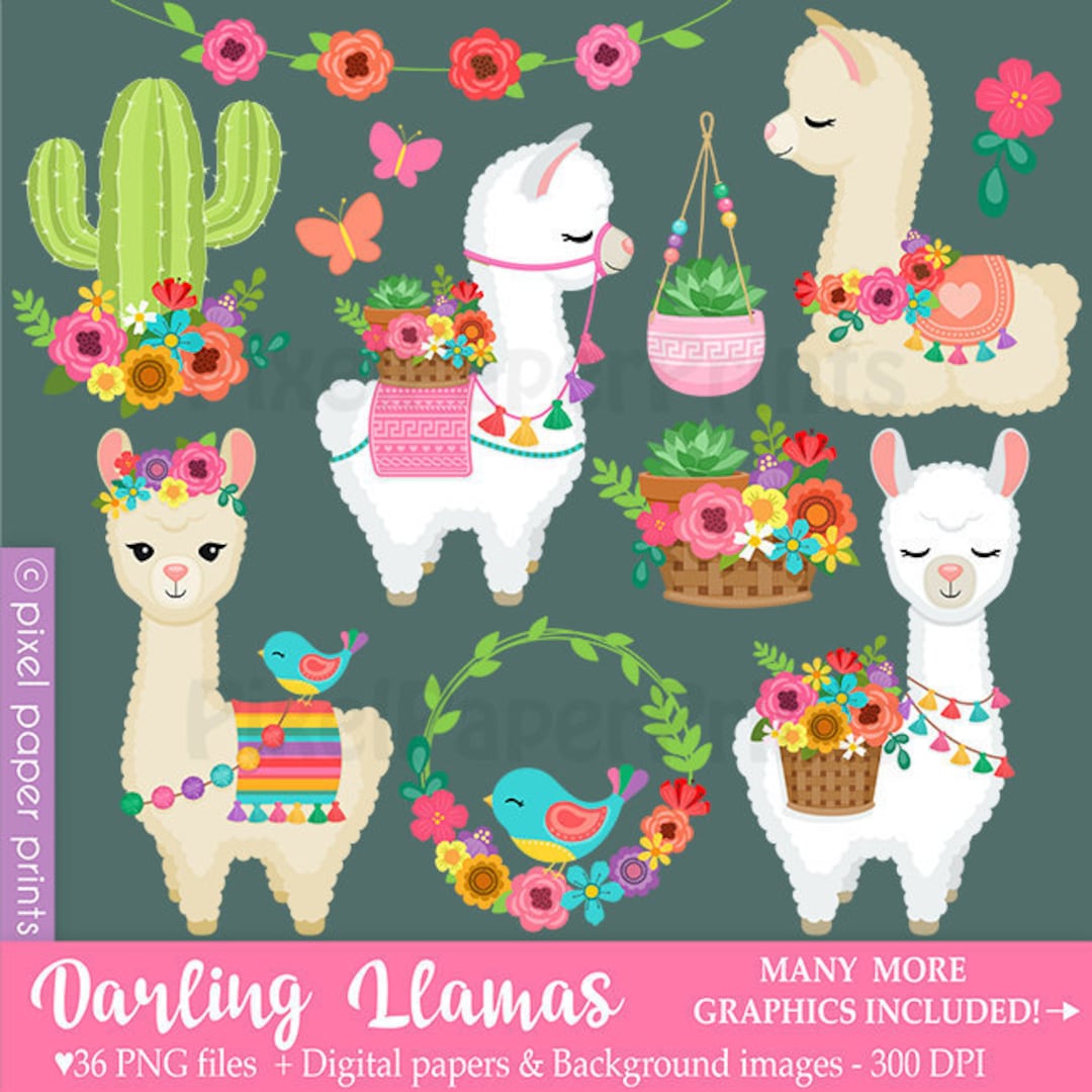 Darling Llamas - Decorated Llama - Clipart - Alpaca Clip Art - Digital ...