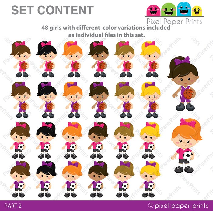 Sport Girls Clip Art and Digital Paper Set Sports Clipart | Etsy