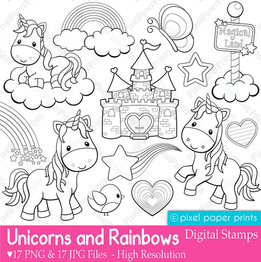 Unicorns and Rainbows Digital Stamps - Line Art - Etsy