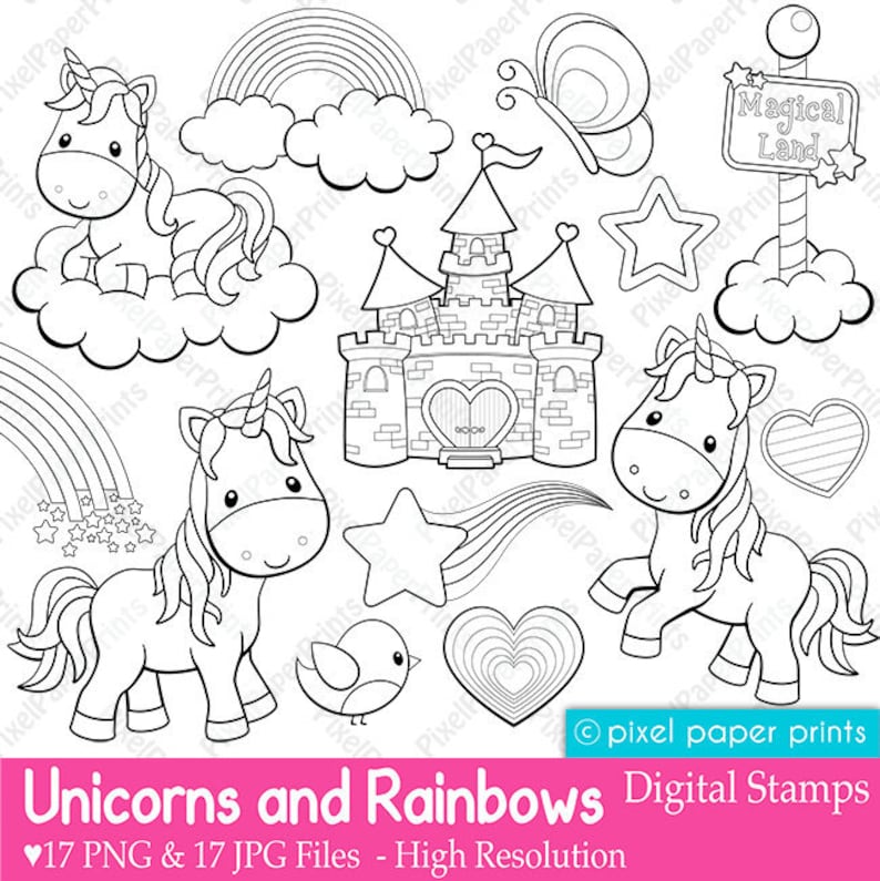 Unicorns and Rainbows Digital Stamps - Line Art - Etsy