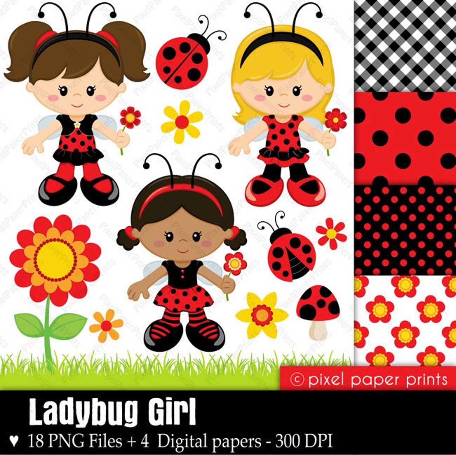 Ladybug Girl Digital Paper and Clip Art Set Ladybug - Etsy