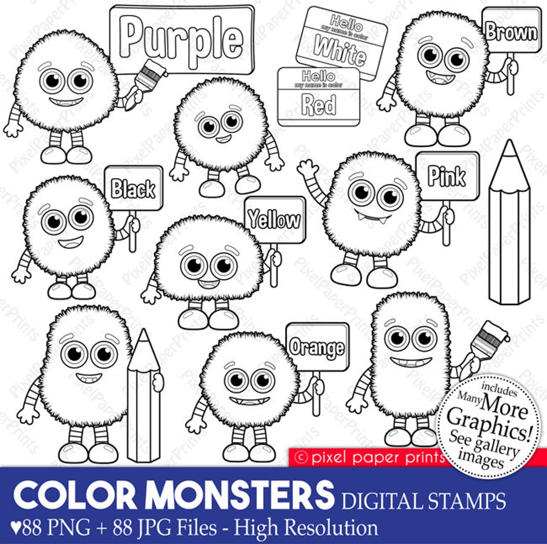 Color Monsters - Digital Stamps - Teachers Clipart - Line Art - Etsy