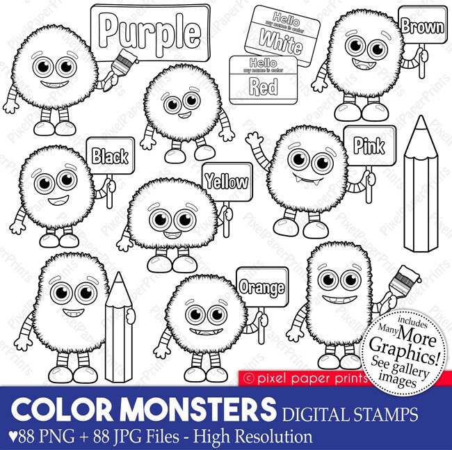 Color Monsters Digital stamps Teachers clipart Line art | Etsy
