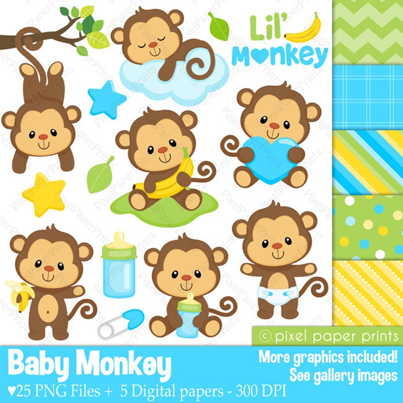 Baby Monkey - Clipart and Digital Paper Set - Monkey Clip Art - Monkey ...
