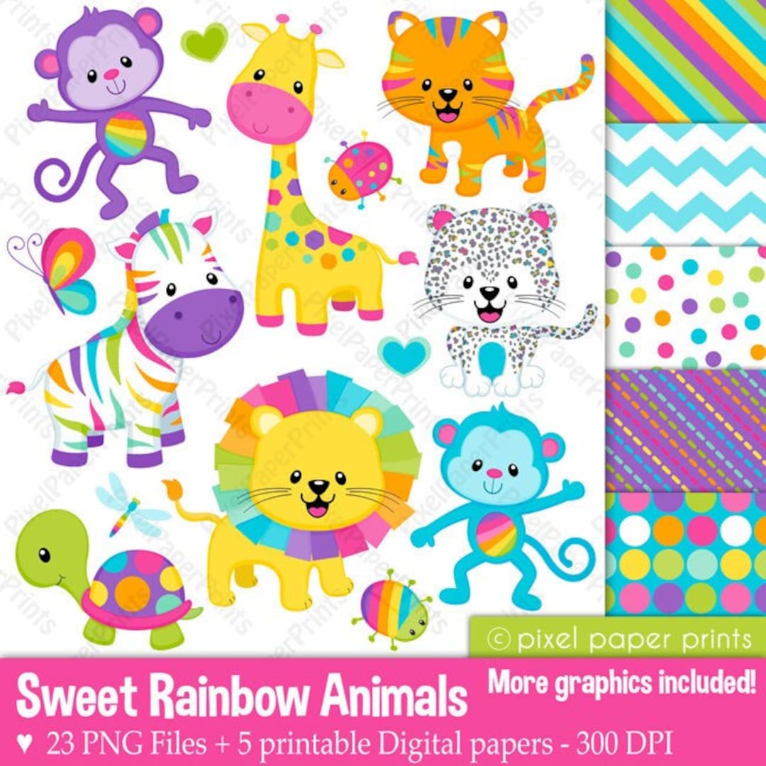 Cute Jungle Animals Clipart- Rainbow Colors - Cute Animals - Digital ...