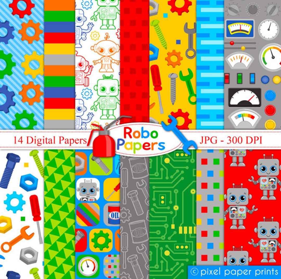 Robot Digital Papers - Cute Robot Patterns - Retro - Digital Images ...