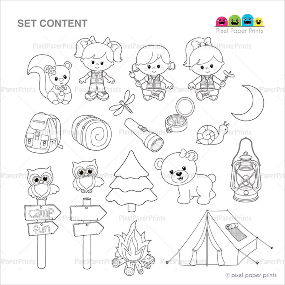 Camper girls Digital stamps Camping Clip Art Coloring | Etsy