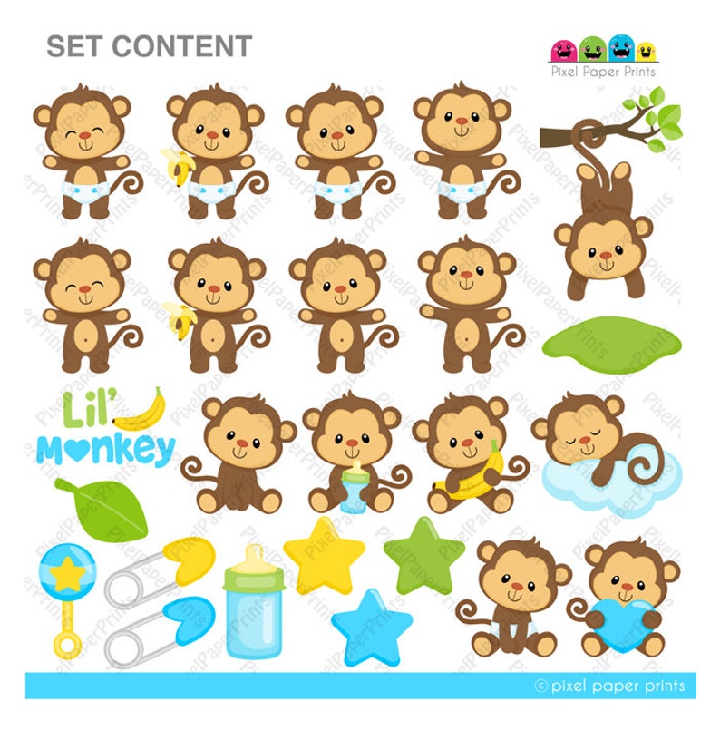 Baby Monkey Clipart and Digital paper set Monkey clip art | Etsy