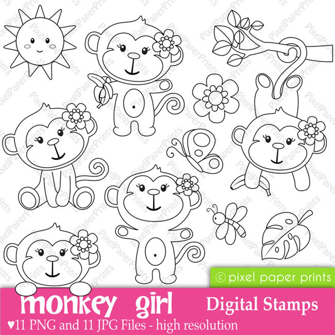 Monkey Girl Stamps - Animal Clip Art - Line Art - Graphics for Crafts ...