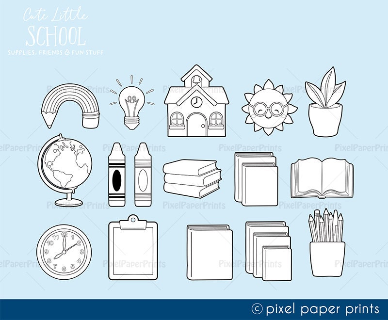 School Supplies Digital Stamps - Cute Little School - Clip Art - Line ...