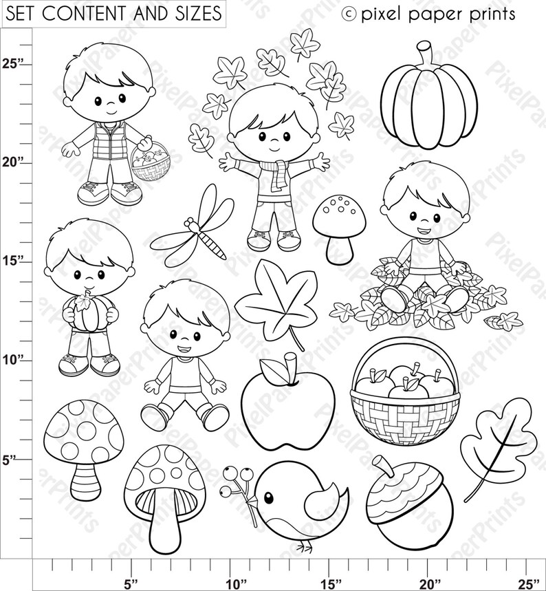Autumn Boys Digital stamps Clipart Fall Line art | Etsy