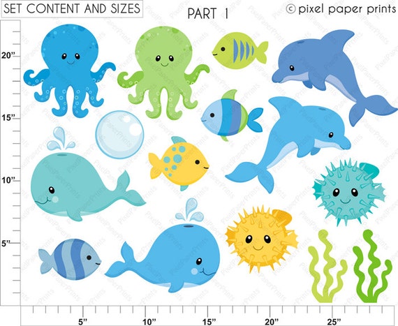 Sea animals for boys - Clipart and digital paper set — PixelPaperPrints