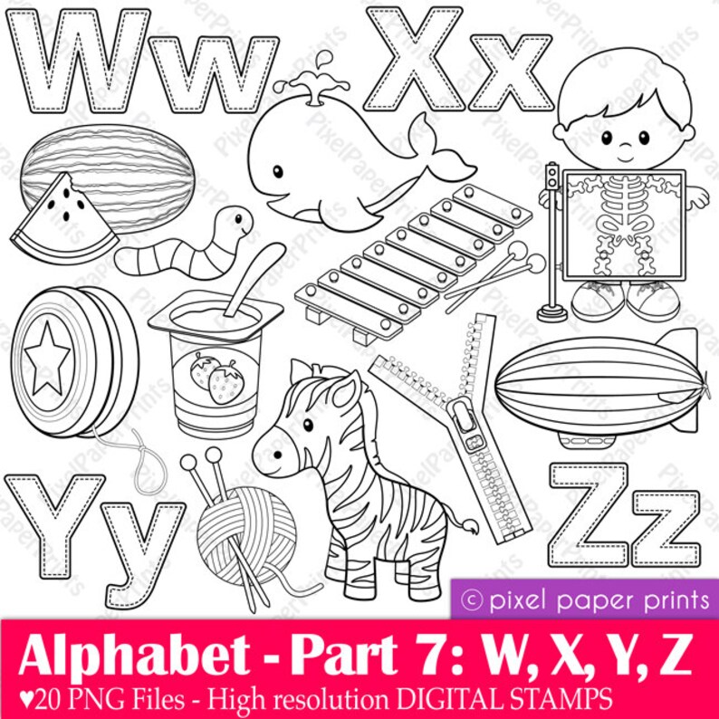 Alphabet Digital Stamps Part 7 WXYZ clip art School - Etsy España
