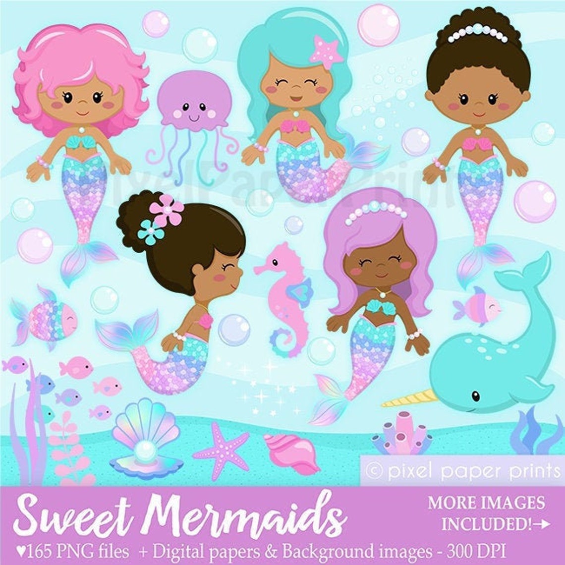 Sweet Mermaids Clip Art - Mermaid Clipart - Medium and Dark Skin Tones ...