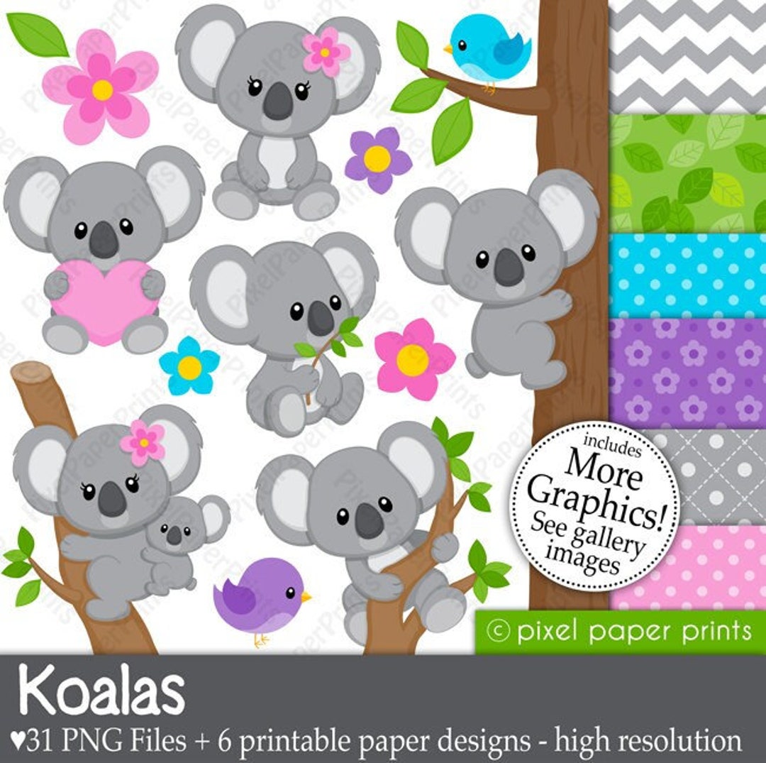 Koala Clipart - Koala Bear Clip Art and Digital Paper Set - Digital ...