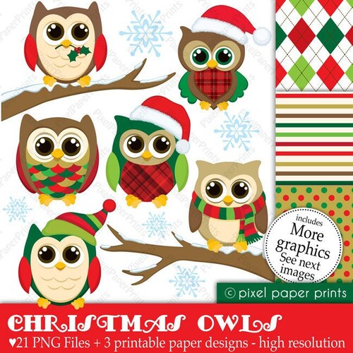 Christmas Owls Digital Clip Art for Personal and Commercial - Etsy