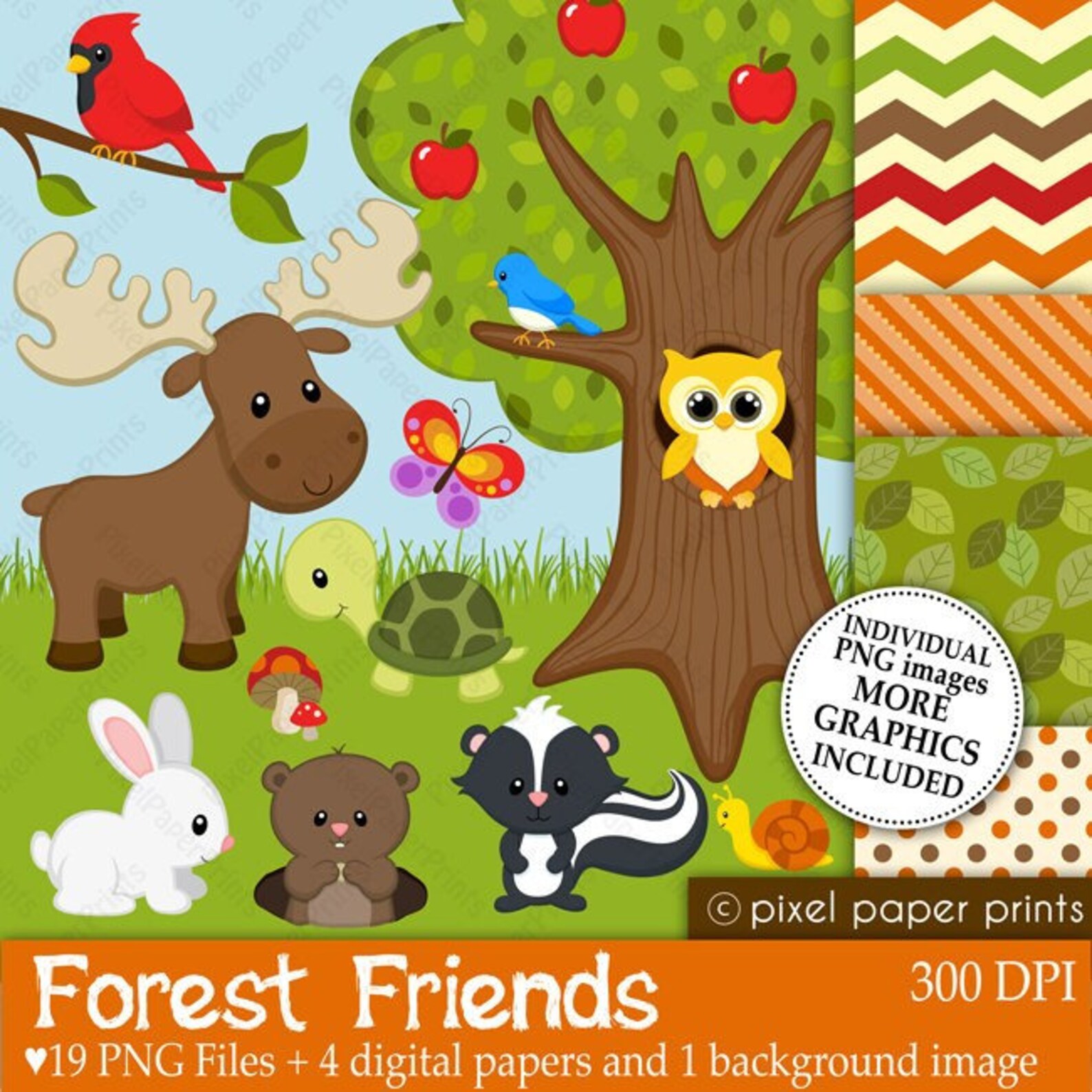 Forest Friends Clip Art and Digital Paper Set Digital | Etsy