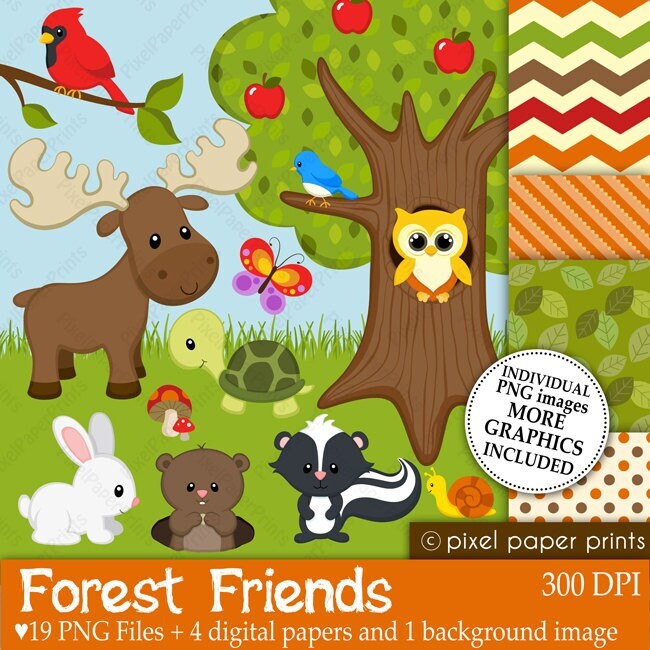 Forest Friends Clip art and Digital paper set Digital - Etsy Nederland