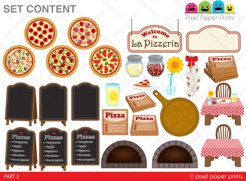 La Pizzeria Girls Clip art and digital paper set Pizza | Etsy