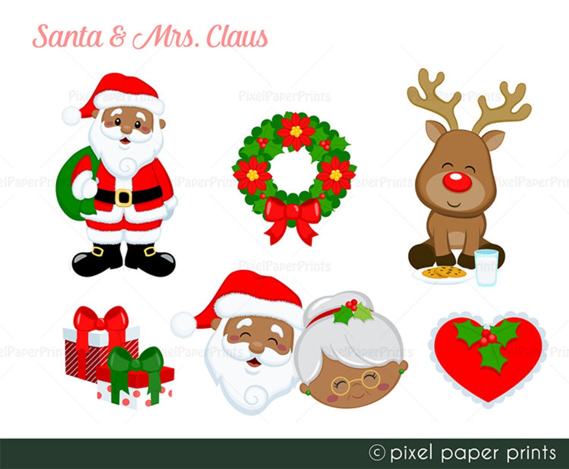 Santa and Mrs. Claus Christmas Clipart Black Santa Claus - Etsy