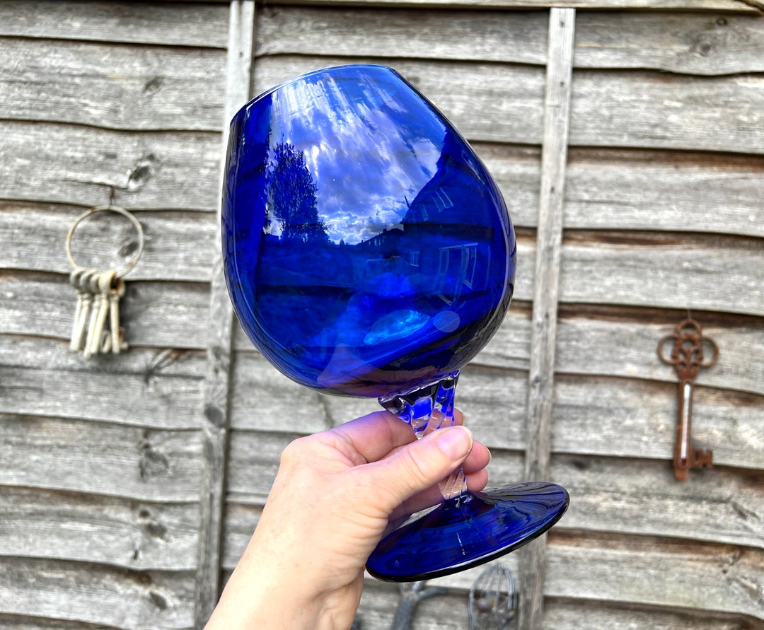 Vintage Cobalt Blue Glass Brandy Snifter, Clear Twisted Stem, Made in ...