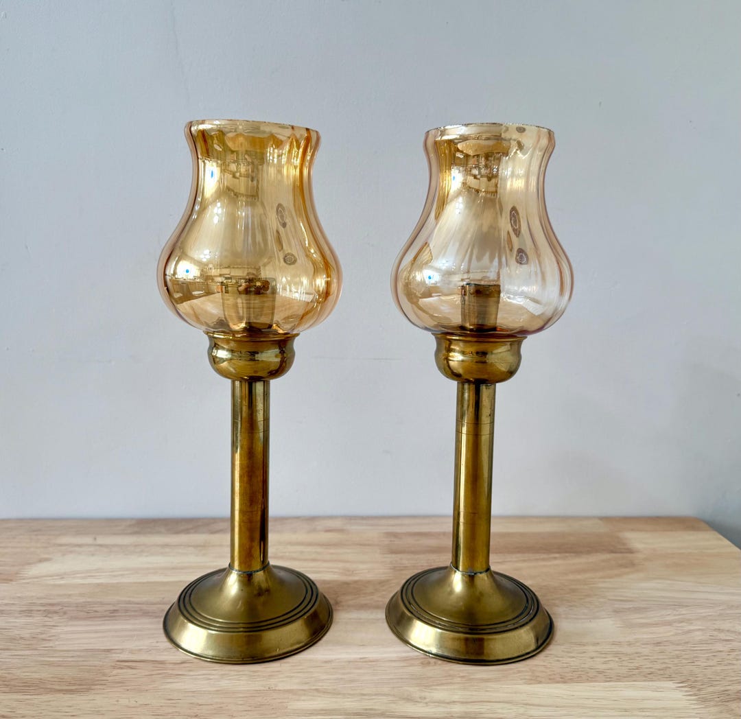 2 Vintage Antique Brass Spring-loaded Candle Lamps With Amber Glass ...