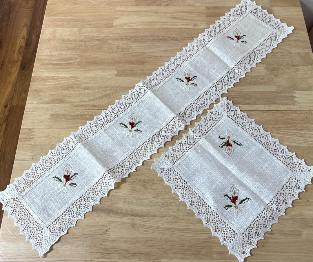 Vintage Austrian Übelhör Christmas Table Linen Set, Cotton-lace Runner ...