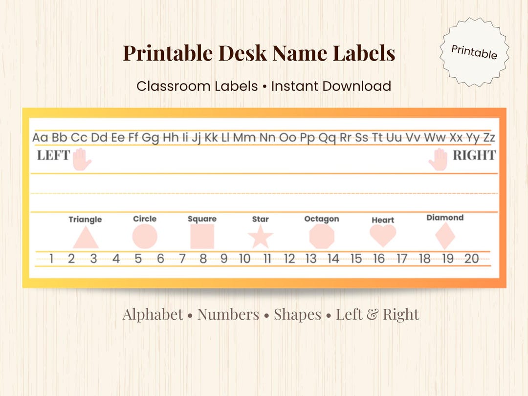Printable Yellow Orange Classroom Desk Name Tags, Alphabet, Numbers ...