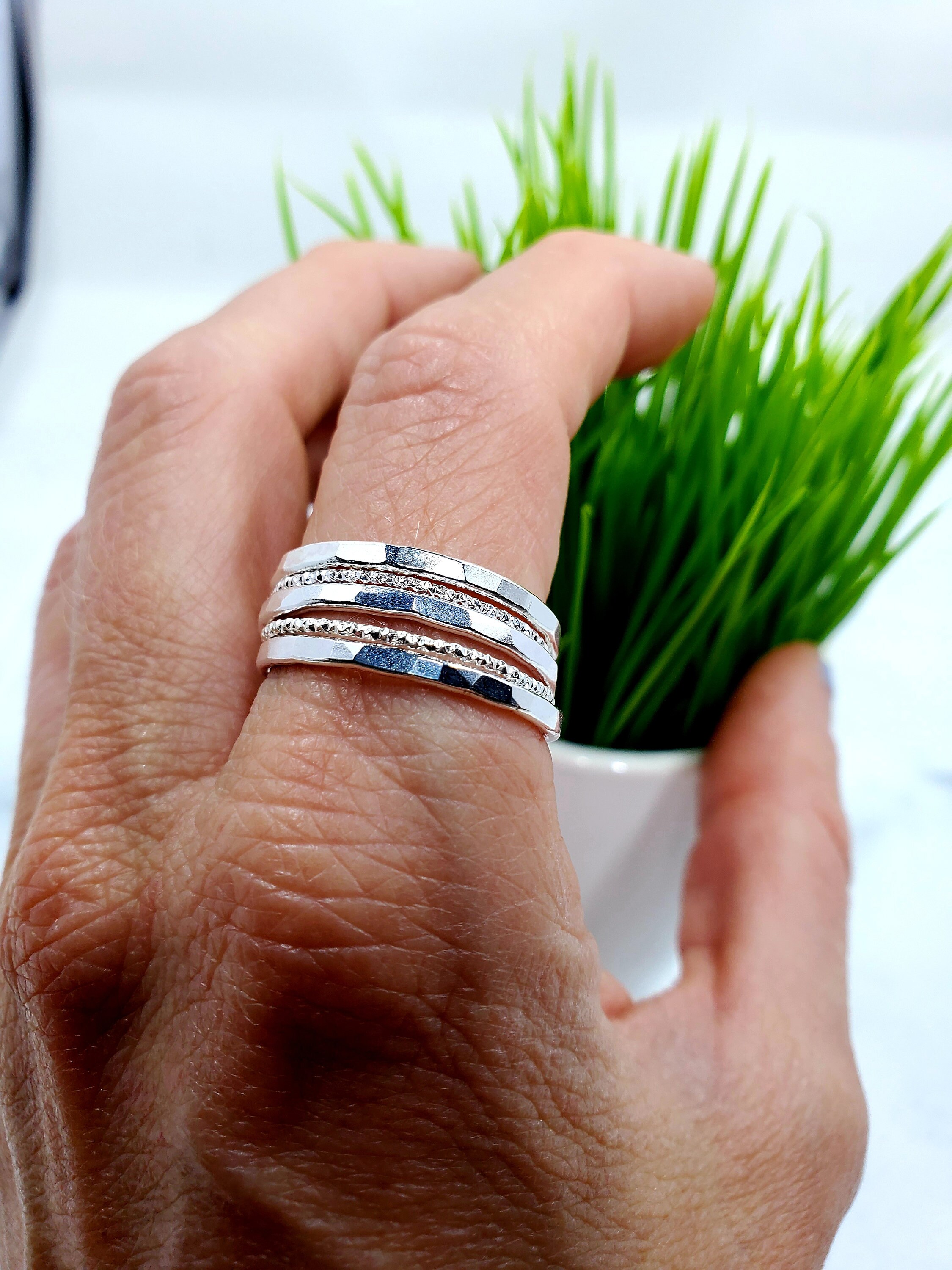 Sterling Silver Stack Rings Hammered and Starburst Set of 5 - Etsy