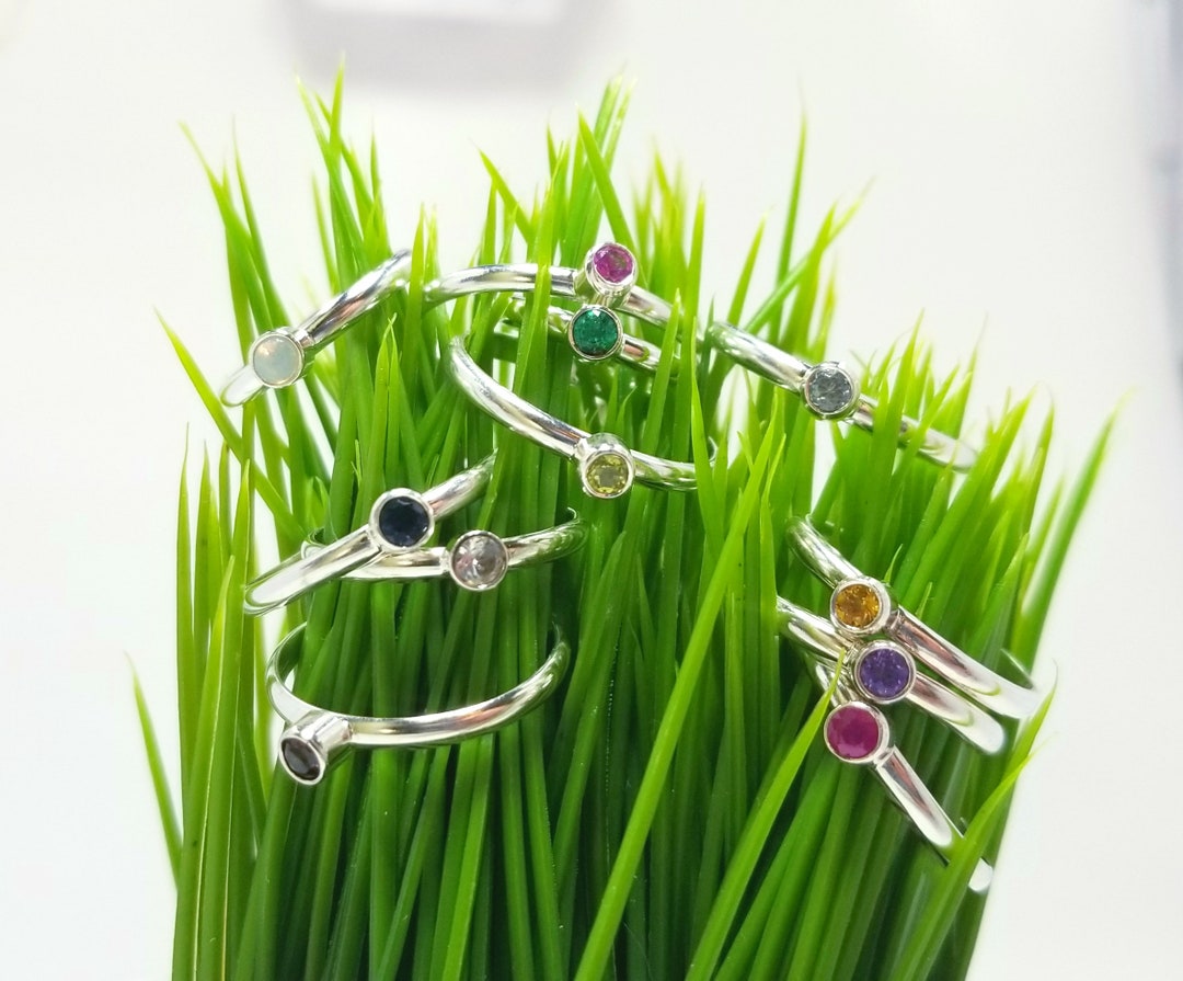 Sterling Silver Birthstone Ring - 3mm Gemstone Ring - Choose Your Stone ...