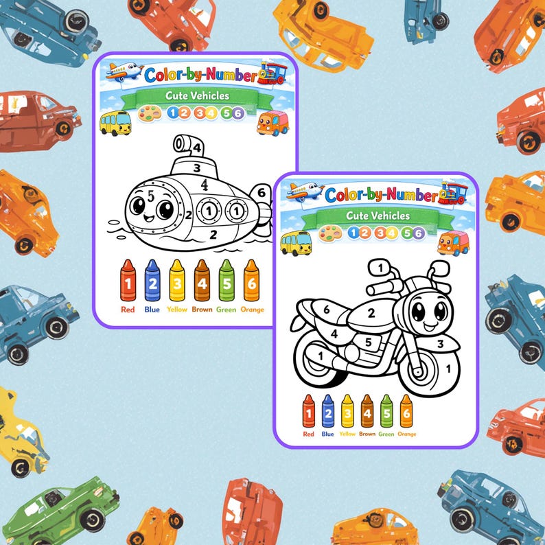 Color by Number Vehicles for Kids, 50 Page Printable Coloring Book ...