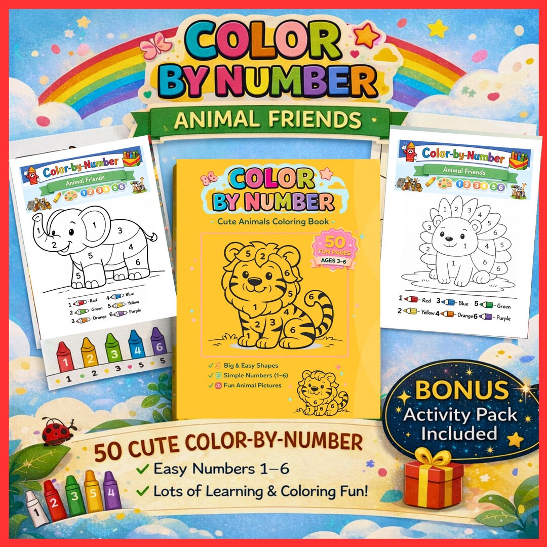 Color by Number Animals | Preschool Counting Coloring Book | 50 ...