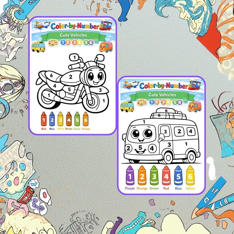 Color by Number Vehicles for Kids, 50 Page Printable Coloring Book ...