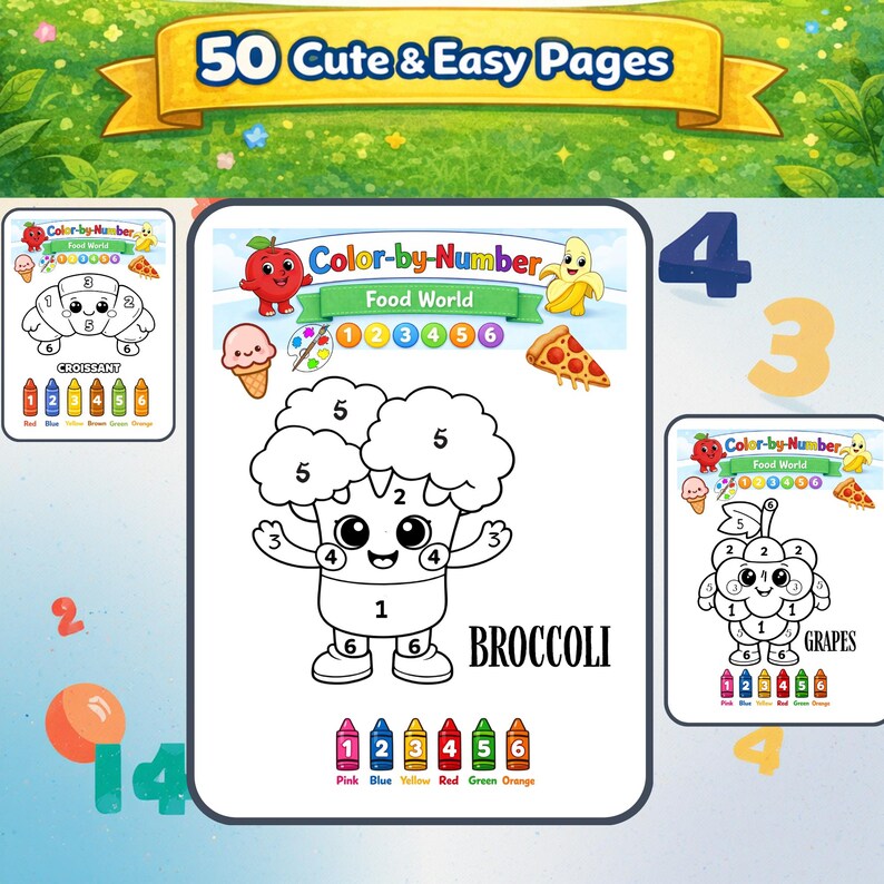 Food Color by Number for Kids, Printable Coloring Book, 50 Easy Pages ...
