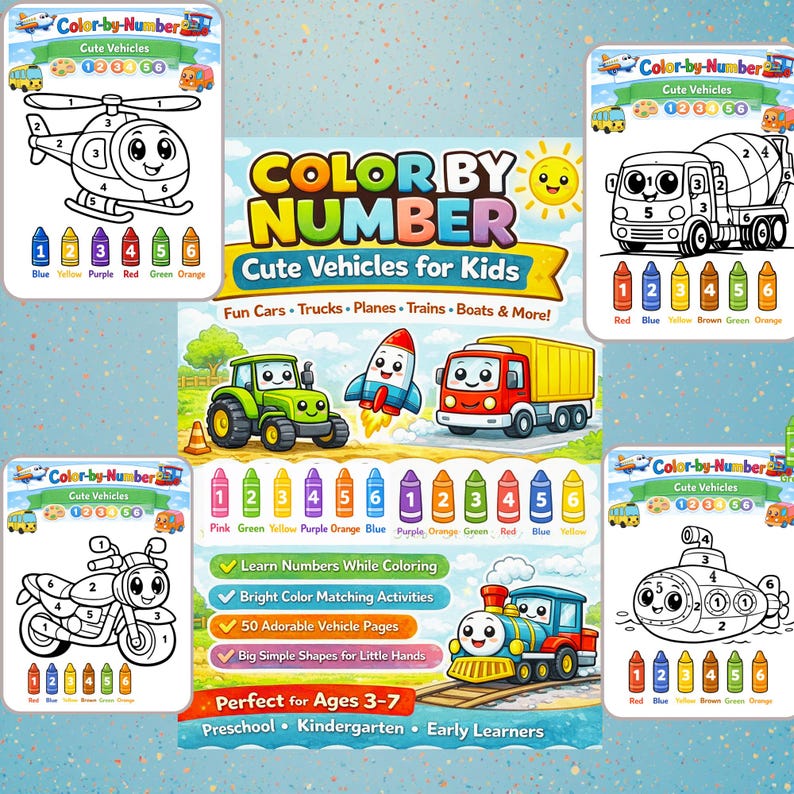 Color by Number Vehicles for Kids, 50 Page Printable Coloring Book ...