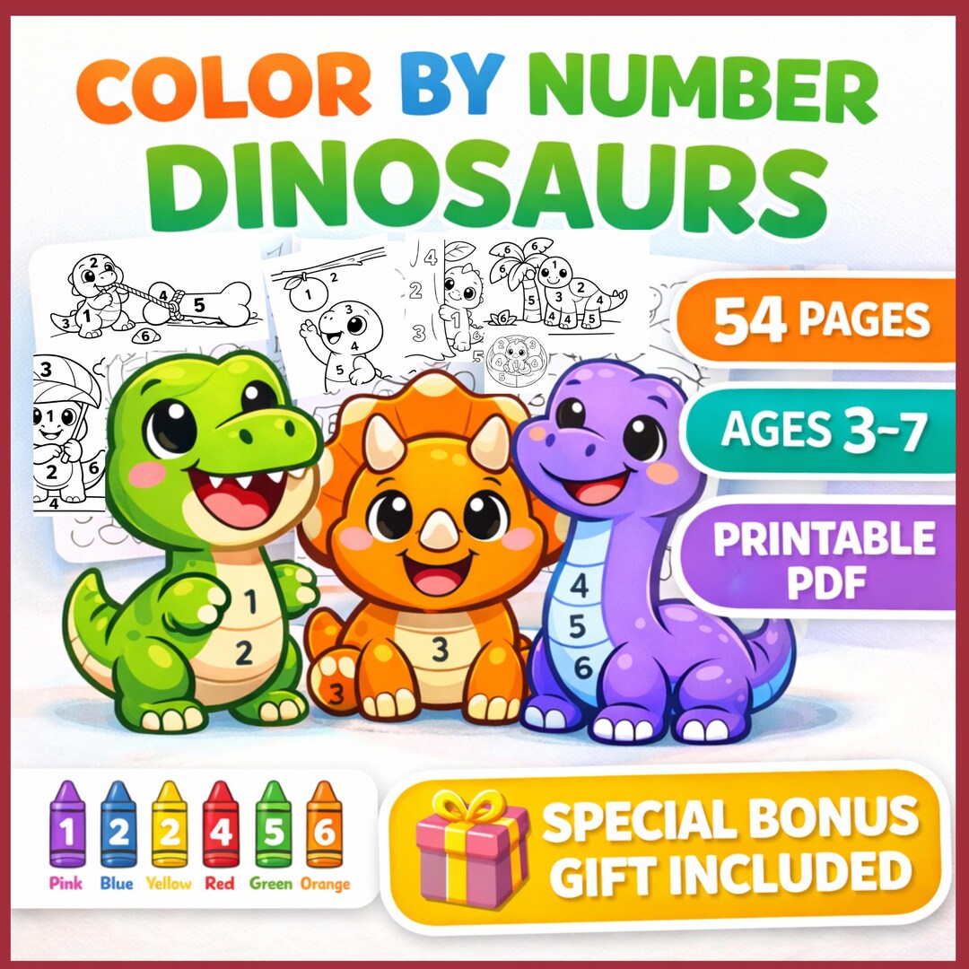 Dinosaur Color by Number Printable Book for Kids, 54 Page Coloring ...
