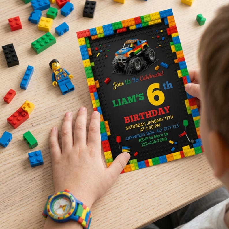 Building Blocks Birthday Invitation Canva Template, Bricks Party ...