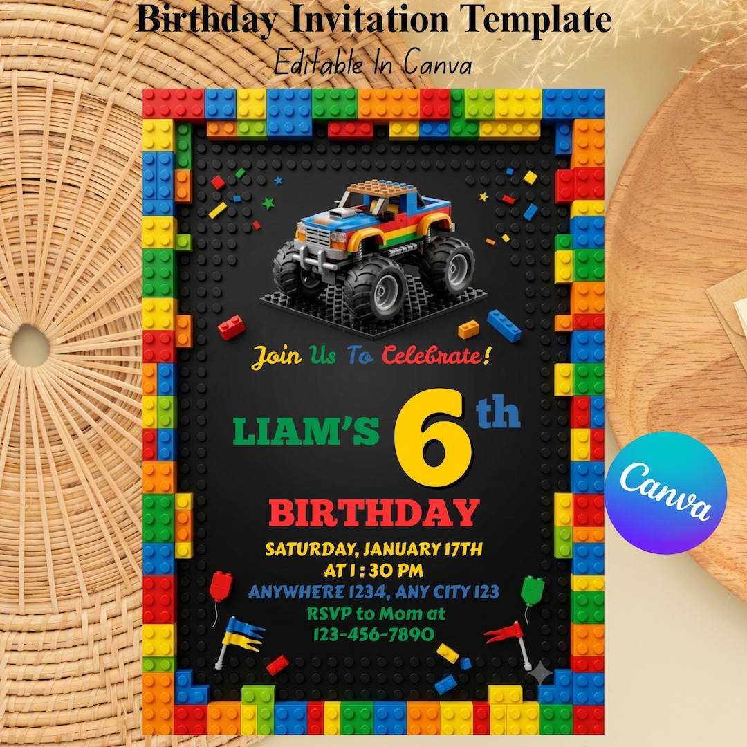 Building Blocks Birthday Invitation Canva Template, Bricks Party ...
