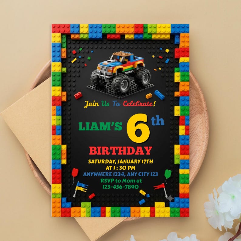 Building Blocks Birthday Invitation Canva Template, Bricks Party ...