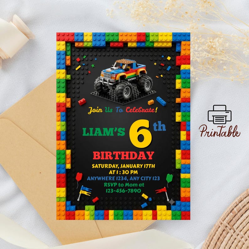 Building Blocks Birthday Invitation Canva Template, Bricks Party ...