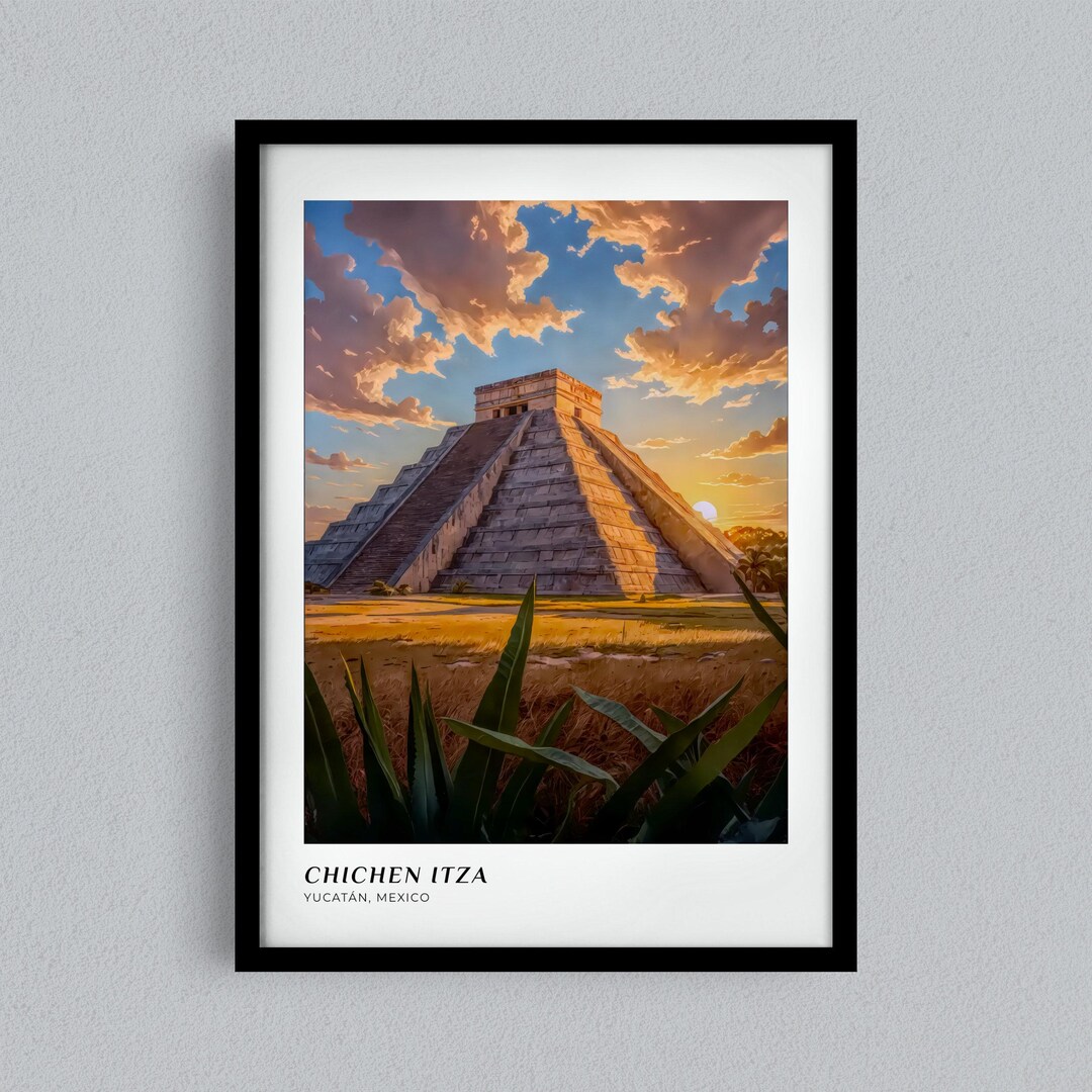 Chichen Itza Sunset Print, Mayan Ruins Wall Art, Mexico Pyramid Poster ...