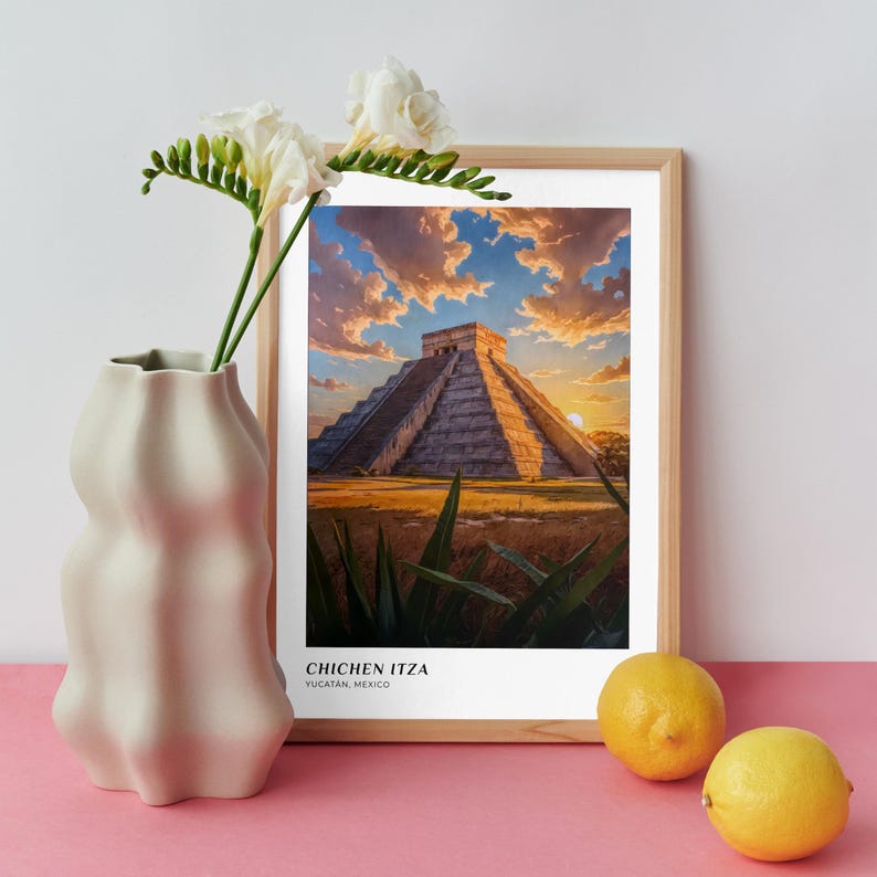 Chichen Itza Sunset Print, Mayan Ruins Wall Art, Mexico Pyramid Poster ...