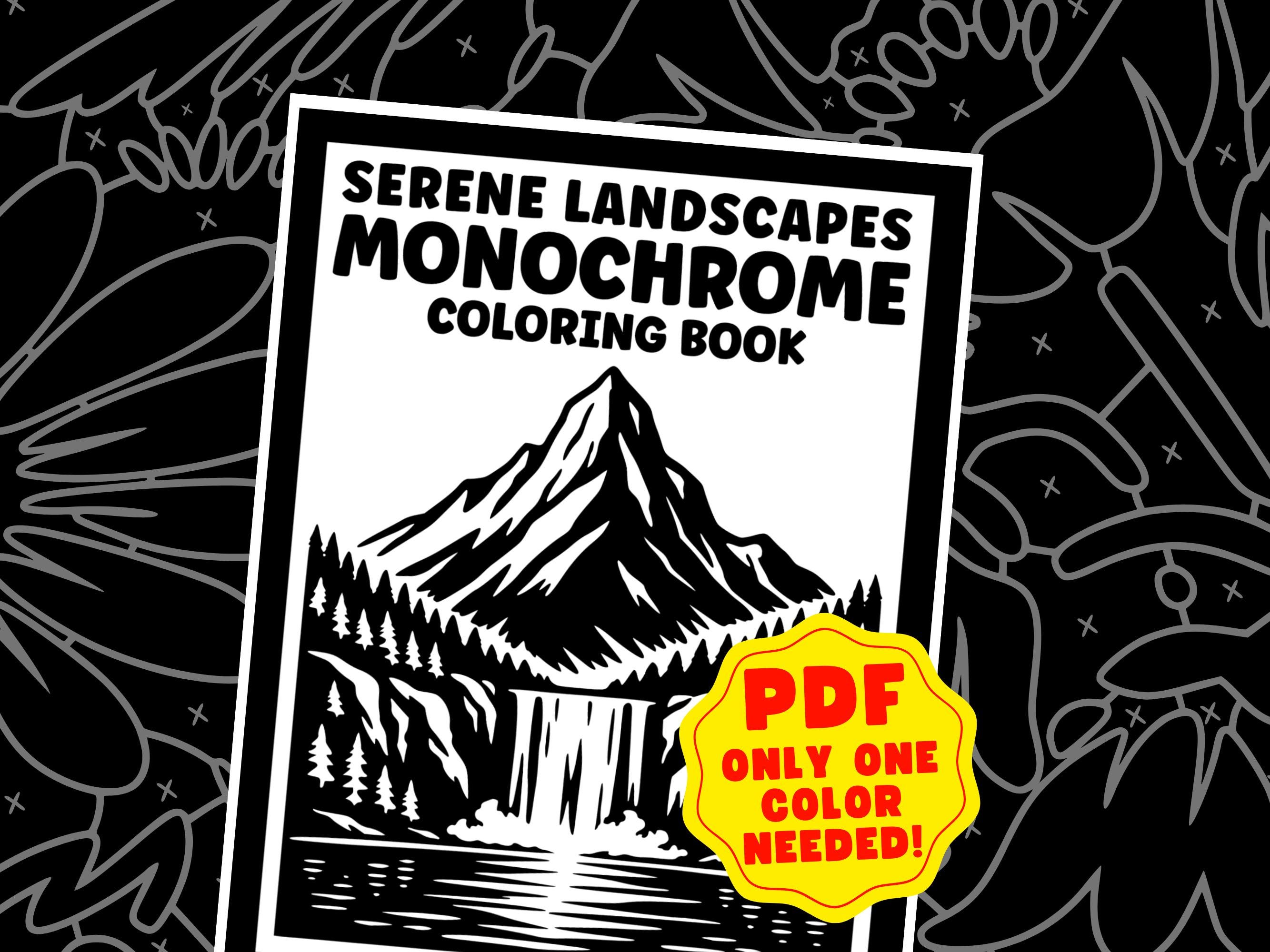Serene Landscapes Monochrome Coloring Book Pages, 30 Printable One ...