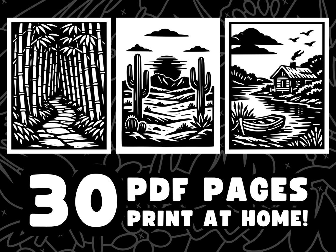 Serene Landscapes Monochrome Coloring Book Pages, 30 Printable One ...