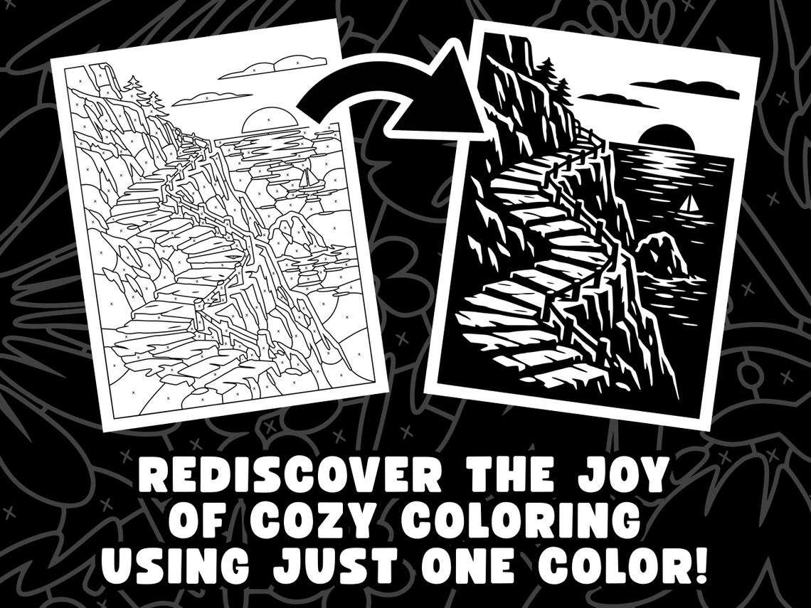 Serene Landscapes Monochrome Coloring Book Pages, 30 Printable One ...