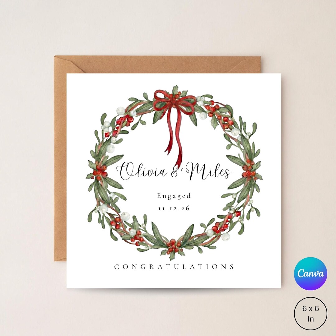 Winter Engagement Congratulations Card, Watercolor Mistletoe Wreath ...
