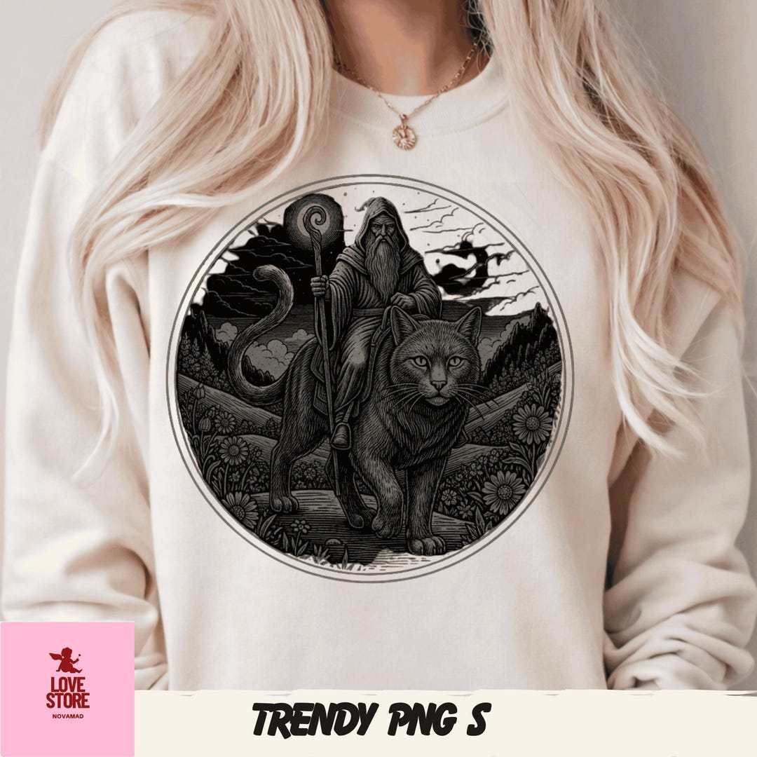 Retro 90s Wizard Cat Moon Rider PNG: Vintage Witchcore Fantasy Art ...